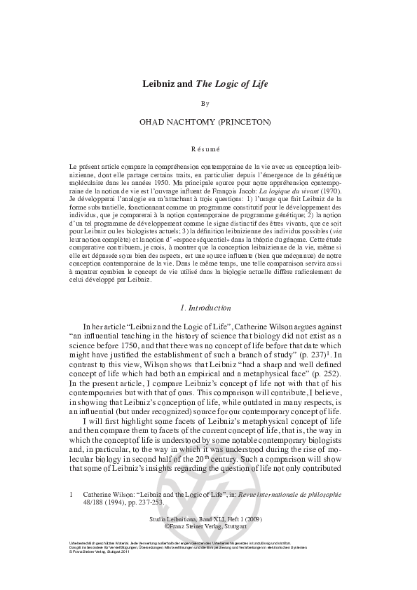 (PDF) Leibniz and The Logic of Life