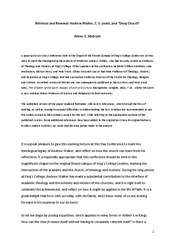 (PDF) Retrieval and Renewal: Andrew Walker, C. S. Lewis, and “Deep ...