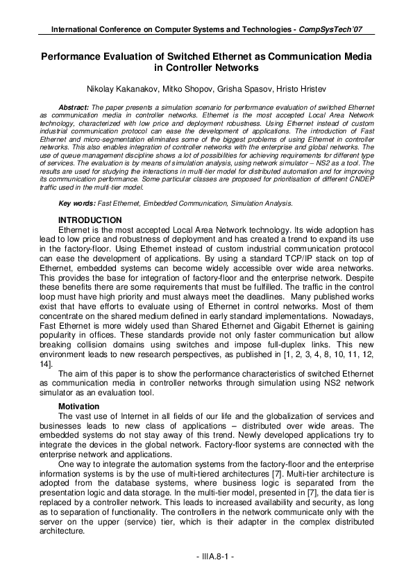 Pdf Performance Evaluation Of Switched Ethernet As Communication Media In Controller Networks