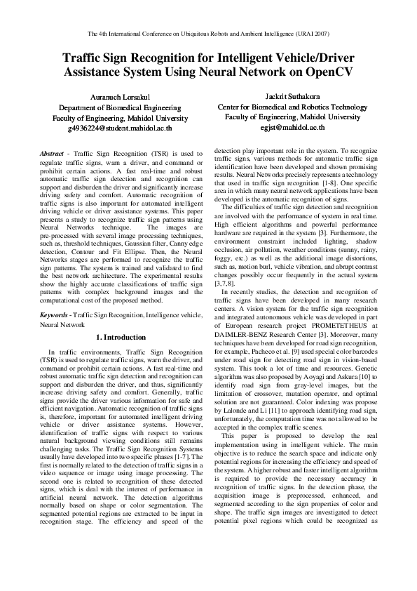 Pdf Traffic Sign Recognition For Intelligent Vehicle Driver