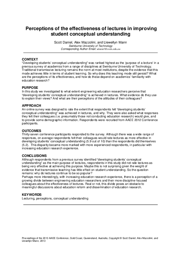 (PDF) Perceptions of the effectiveness of lectures in improving student conceptual understanding