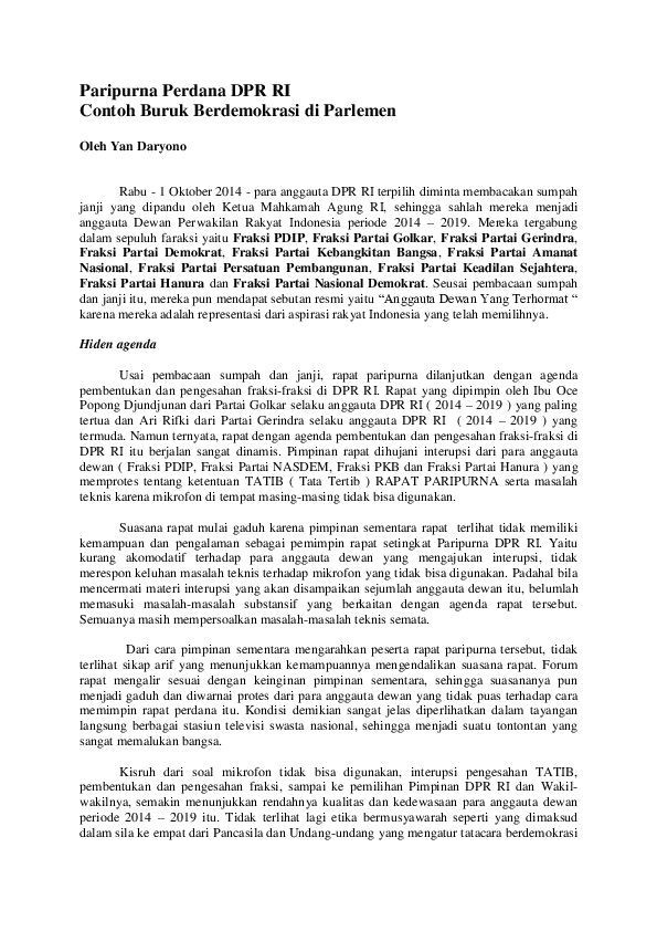 (DOC) Paripurna Perdana DPR RI Contoh Buruk Berdemokrasi di Parlemen