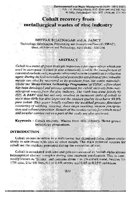 (PDF) Cobalt recovery from metallurgical wastes of zinc industry