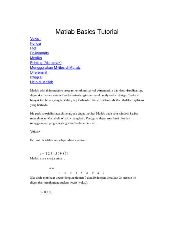 (PDF) Matlab Basics Tutorial Vektor Fungsi Plot Polinomials Matriks Printing (Mencetak ...