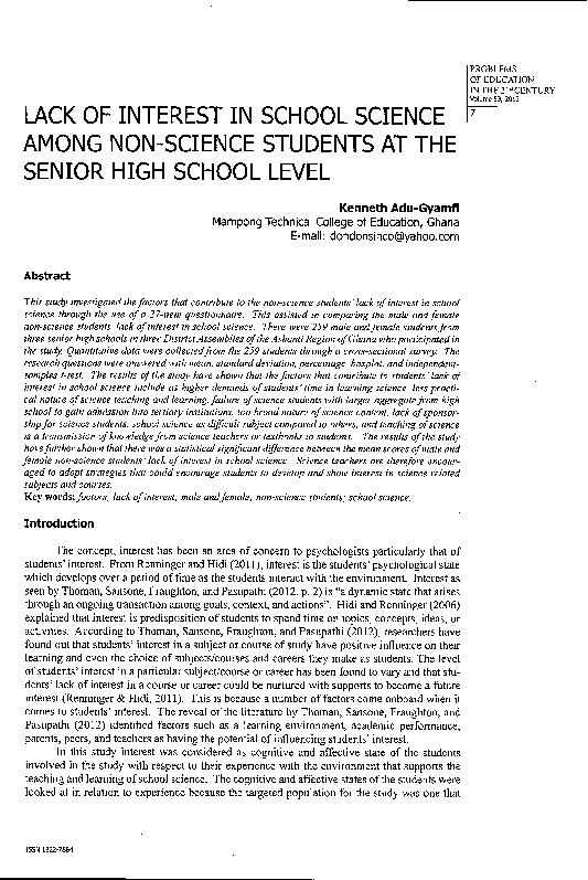 (PDF) Lack of Interest in School Science among Non-science Students at ...