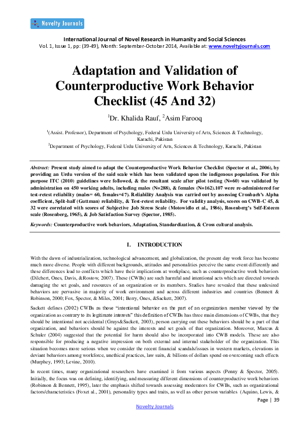 (PDF) Adaptation and Validation of Counterproductive Work Behavior ...