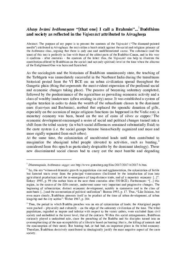 (PDF) Ahaṃ brūmi brāhmaṇam “[that one] I call a Brahmin”... Buddhism ...