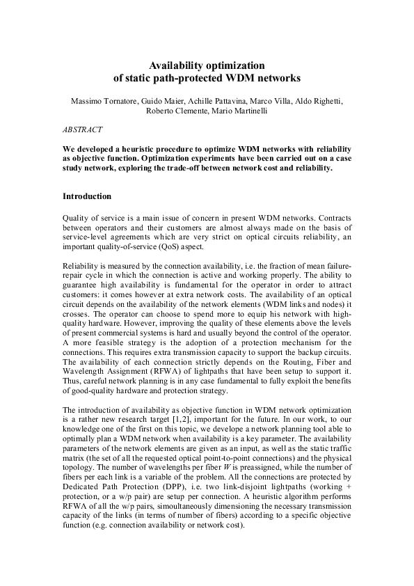 Pdf Availability Optimization Of Static Path Protected Wdm Networks