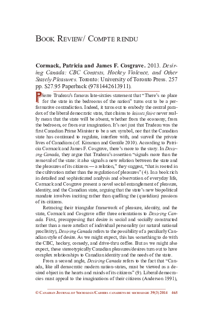 (PDF) Review: Patricia Cormack and James Cosgrave. 2013. Desiring Canada.