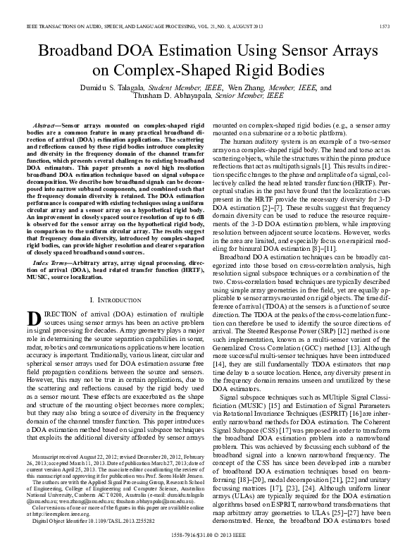 Pdf Reshrtov La Broadband Doa Estimation Using Sensor Arrays On Complex Shaped Rigid Bodies