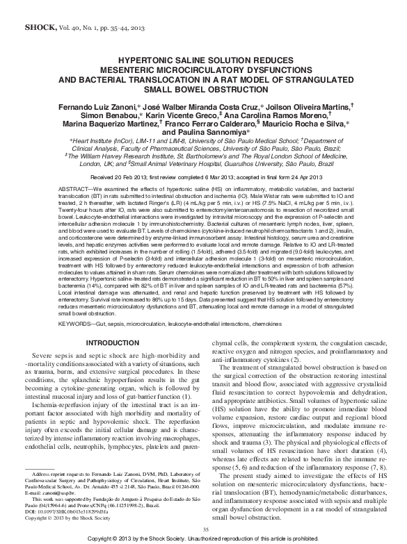 (PDF) HYPERTONIC SALINE SOLUTION REDUCES MESENTERIC MICROCIRCULATORY ...