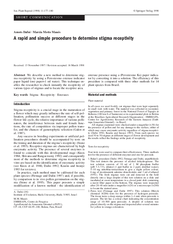 (PDF) A rapid and simple procedure to determine stigma receptivity