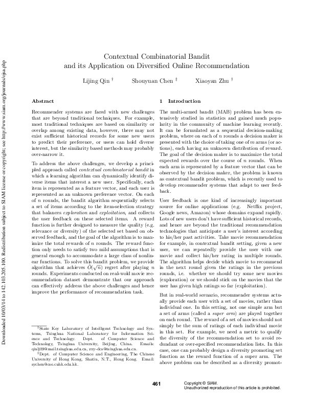 (PDF) Contextual Combinatorial Bandit