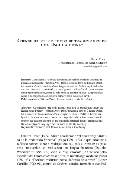 (PDF) Etienne Dolet e o "Modo de traduzir bem de uma língua a outra"