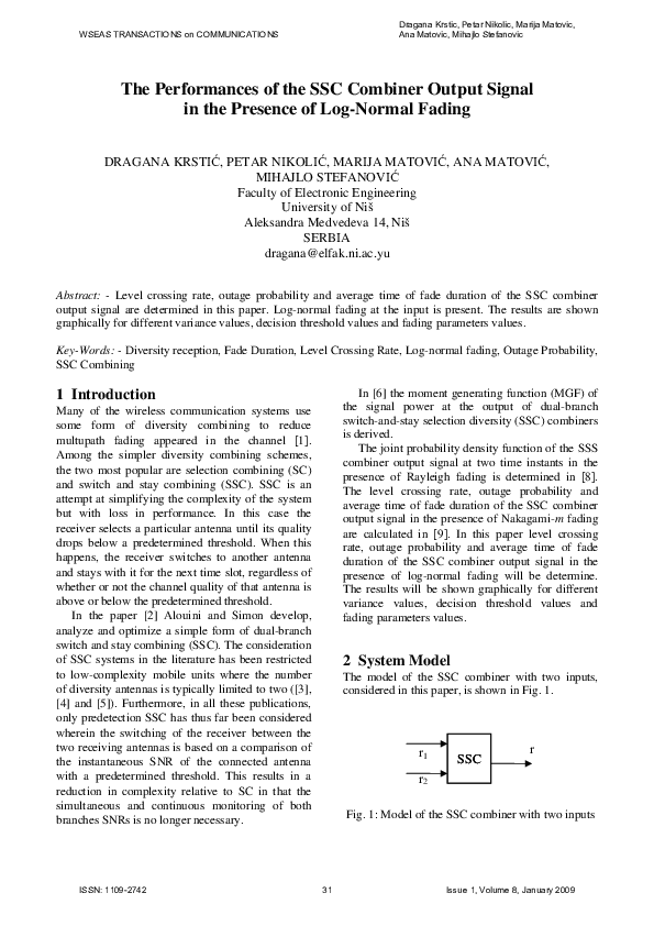(PDF) The Performances of the SSC Combiner Output Signal in the Presence of Log-Normal Fading
