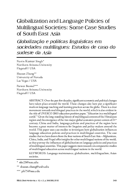 (PDF) Globalization and Language Policies of Multilingual Societies: Some Case Studies of South ...