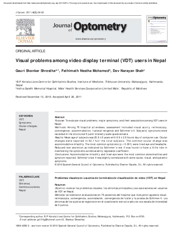 (PDF) Visual problems among video display terminal (VDT) users in Nepal