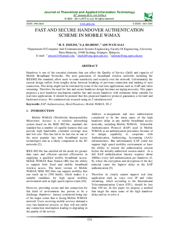 Pdf Fast And Secure Handover Authentcation Scheme In Mobile Wimax