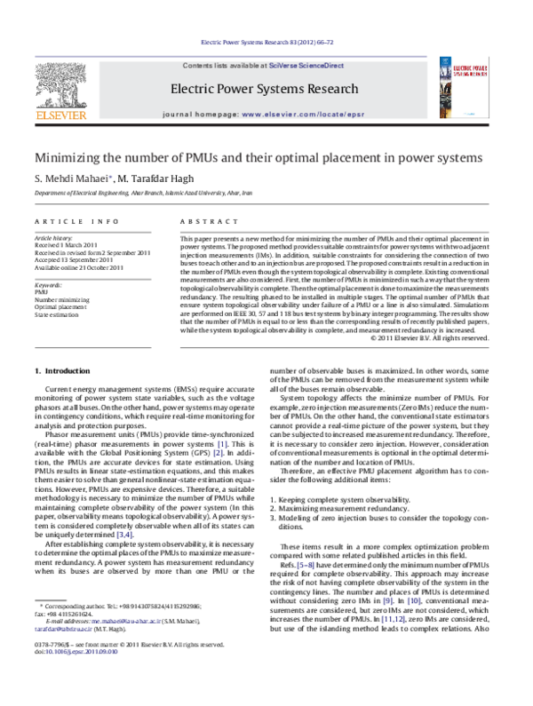 (PDF) Minimizing the number of PMUs and their optimal placement in power systems
