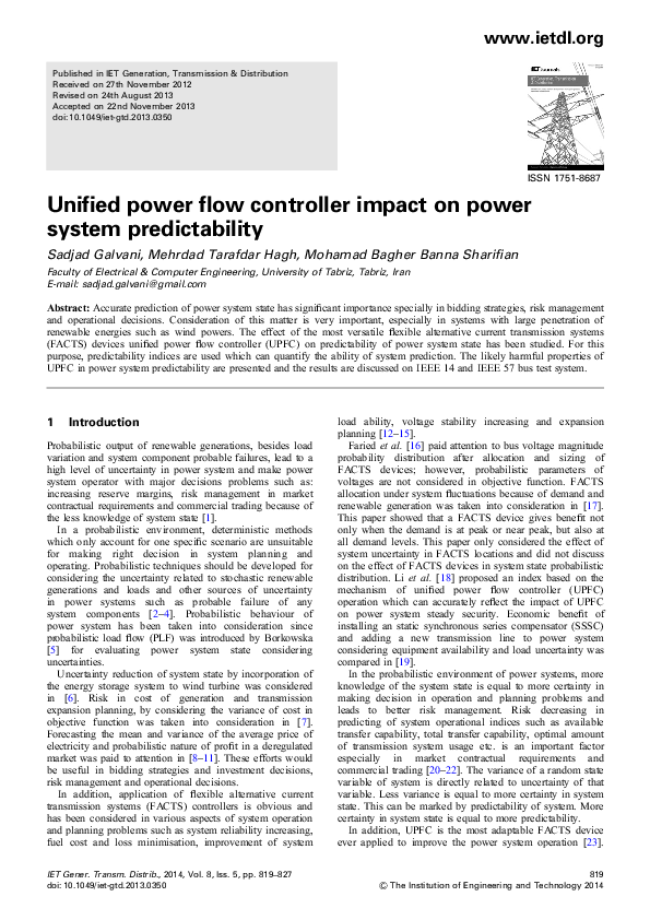Pdf Unified Power Flow Controller Impact On Power System Predictability