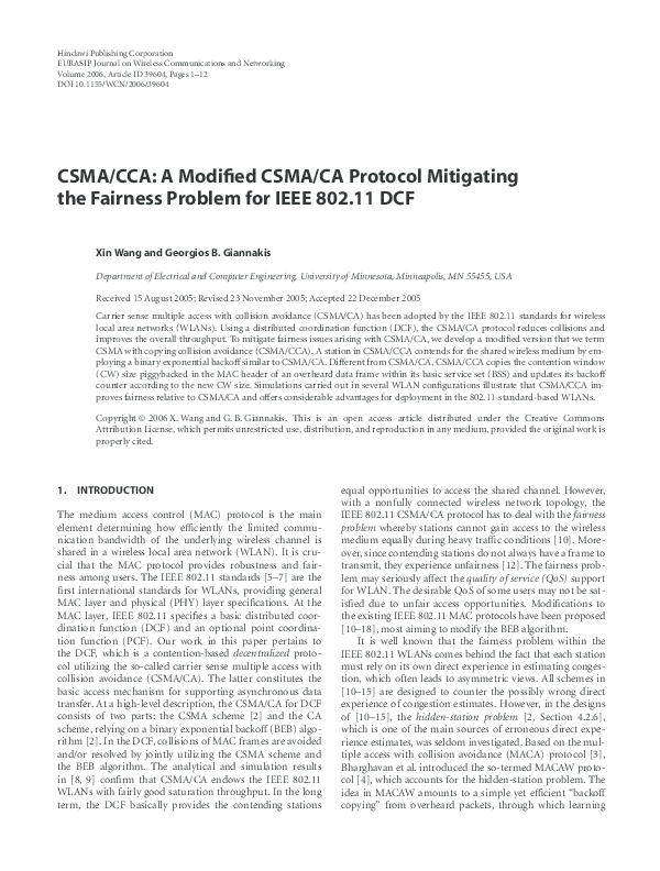 (PDF) CSMA/CCA: A Modified CSMA/CA Protocol Mitigating the Fairness ...