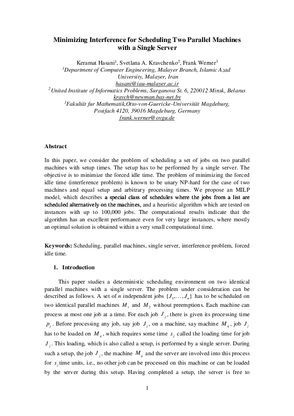 (PDF) Minimizing Interference for Scheduling Two Parallel Machines with a Single Server