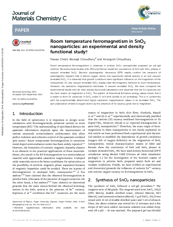 (PDF) Room temperature ferromagnetism in SnO2 nanoparticles: an experimental and density ...