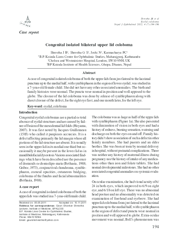 (PDF) Congenital isolated bilateral upper lid coloboma