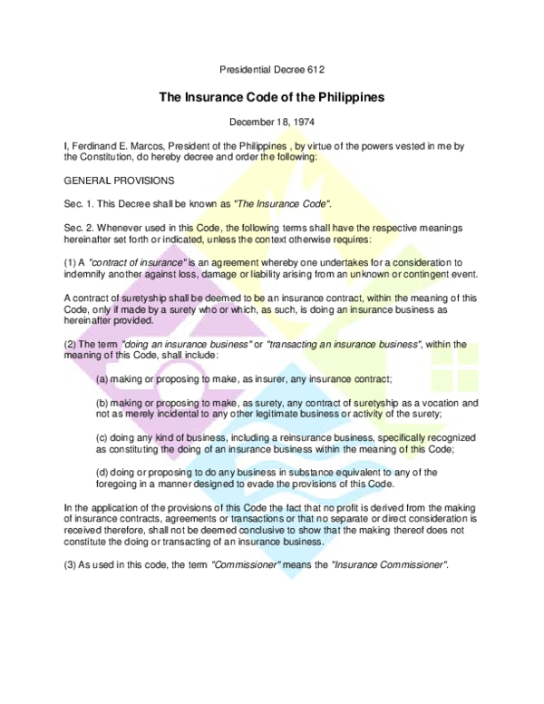 (PDF) Presidential Decree 612 The Insurance Code of the Philippines