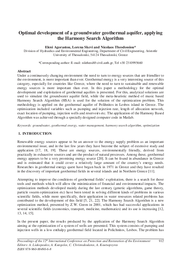 (PDF) Optimal development of a groundwater geothermal aquifer with the application of the ...