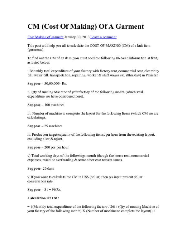 (DOC) CM (Cost Of Making) Of A Garment