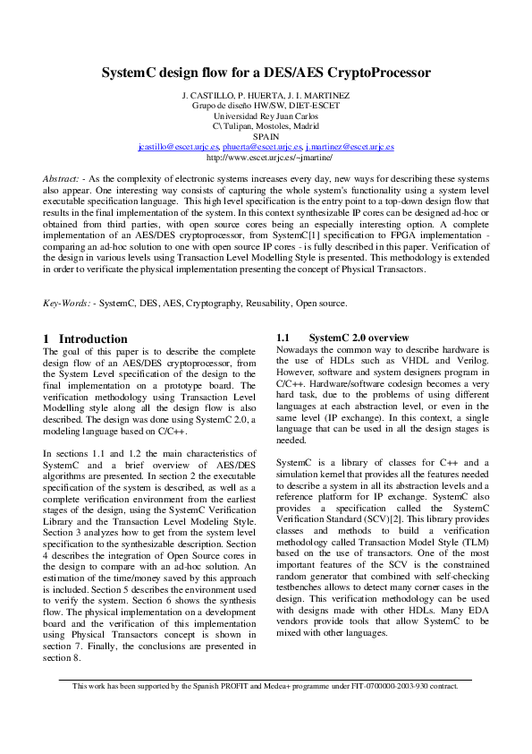 (PDF) SystemC design flow for a DES/AES CryptoProcessor