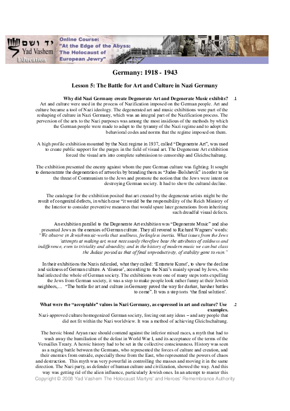 (DOC) Germany: 1918 -1943 Lesson 5: The Battle for Art and Culture in ...