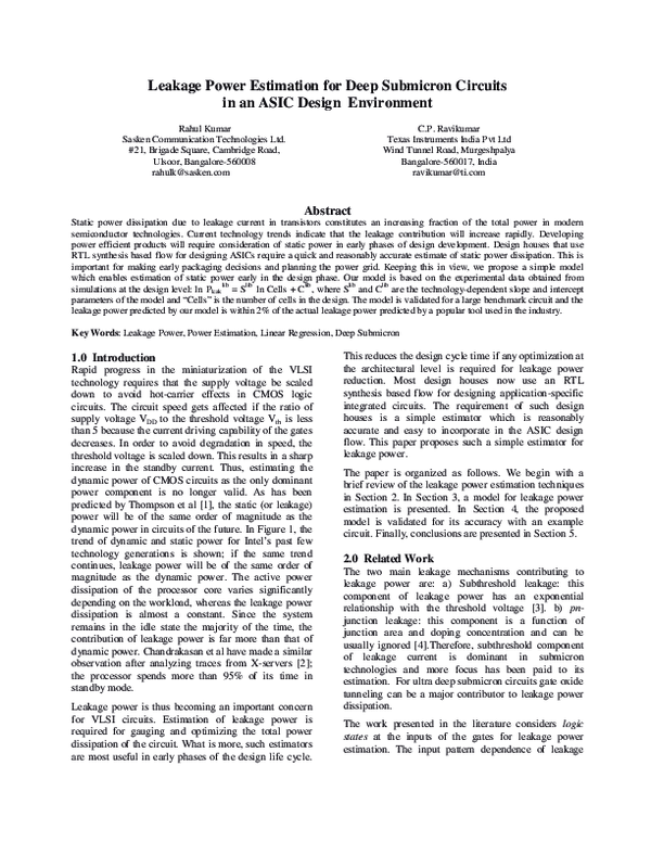 Pdf Leakage Power Estimation For Deep Submicron Circuits In An Asic Design Environment