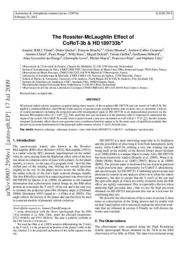 (PDF) The Rossiter-McLaughlin effect of CoRoT-3b and HD 189733b