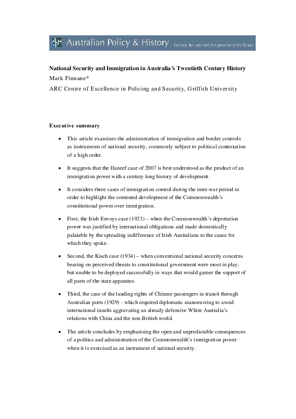 (PDF) National Security and Immigration in Australia's Twentieth ...