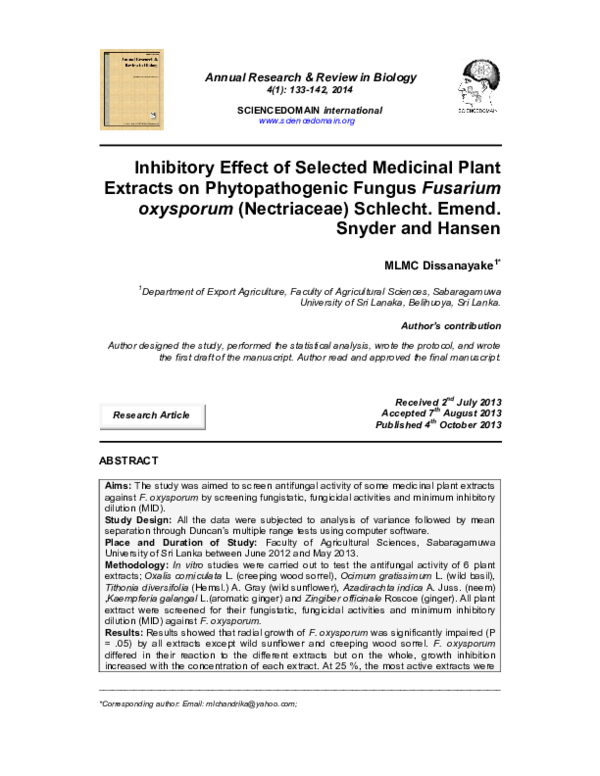 (PDF) Inhibitory Effect of Selected Medicinal Plant Extracts on ...