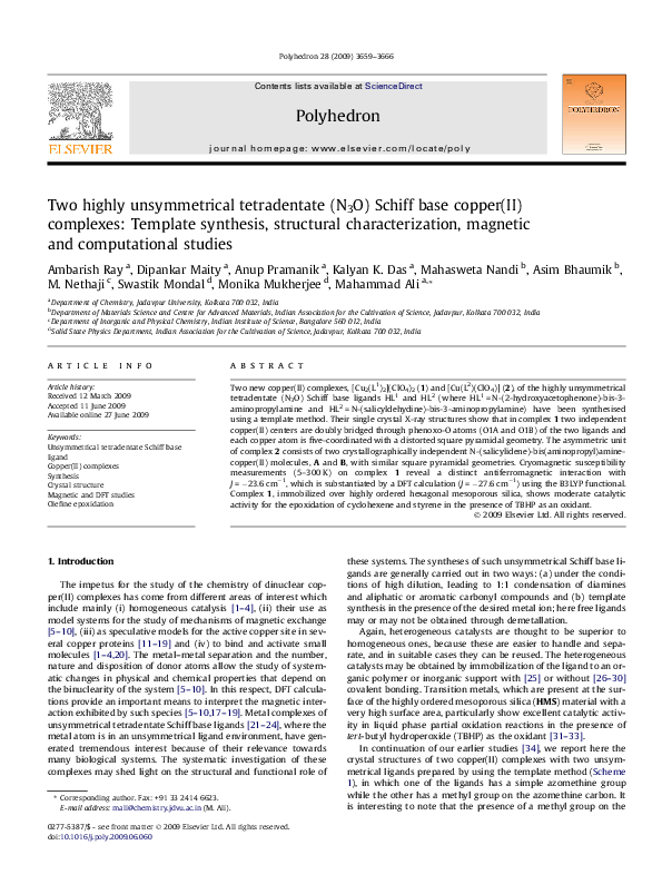 (PDF) Two highly unsymmetrical tetradentate (N 3O) Schiff base copper(II) complexes: Template ...