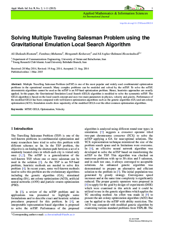 Pdf Solving Multiple Traveling Salesman Problem Using The Gravitational Emulation Local Search