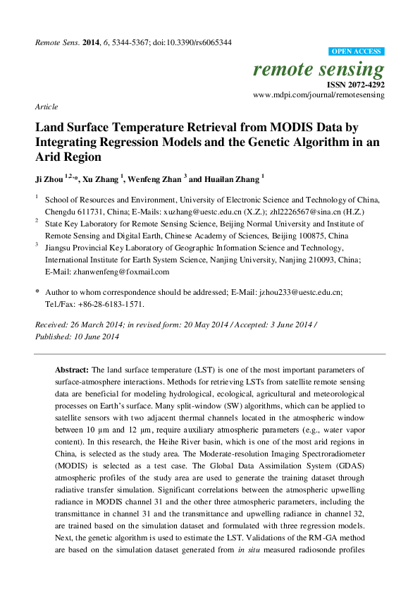 Pdf Land Surface Temperature Retrieval From Modis Data By Integrating Regression Models And