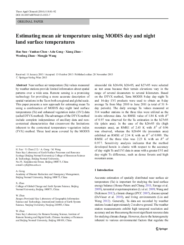 (PDF) Estimating mean air temperature using MODIS day and night land surface temperatures