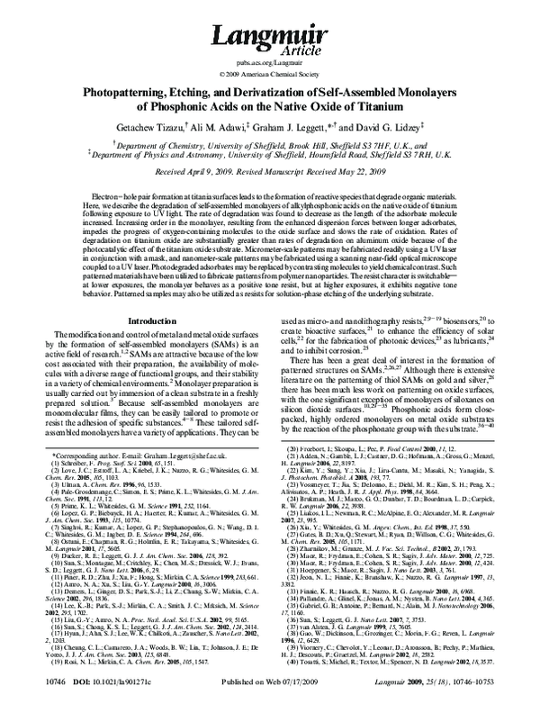 (PDF) Photopatterning, Etching, and Derivatization of Self-Assembled Monolayers of Phosphonic ...