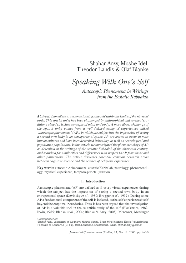 (PDF) Shahar Arzy, Moshe Idel, Theodor Landis & Olaf Blanke, "Speaking ...