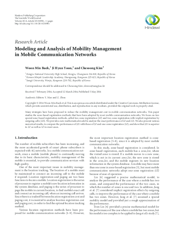 Pdf Research Article Modeling And Analysis Of Mobility Management In