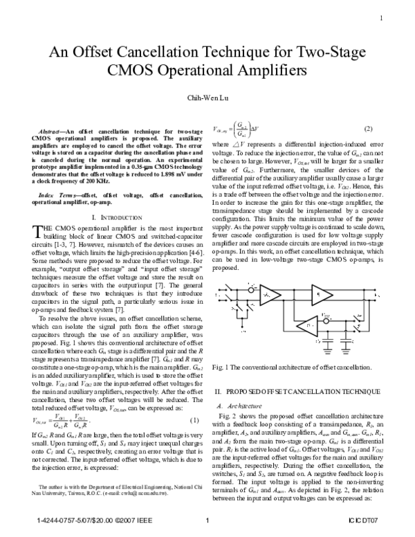 Pdf 1 An Offset Cancellation Technique For Two Stage Cmos Operational Amplifiers