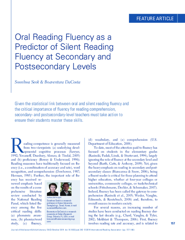 (PDF) Oral Reading Fluency as a Predictor of Silent Reading Fluency at ...