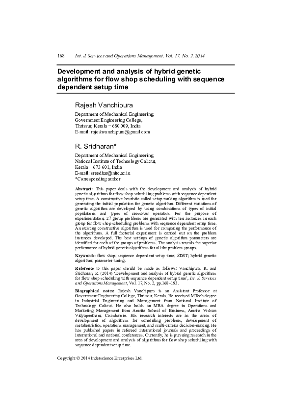 Pdf Development And Analysis Of Hybrid Genetic Algorithms For Flow Shop Scheduling With