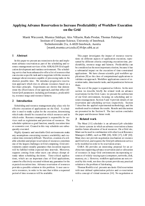 (PDF) Applying Advance Reservation to Increase Predictability of Workflow Execution on the Grid