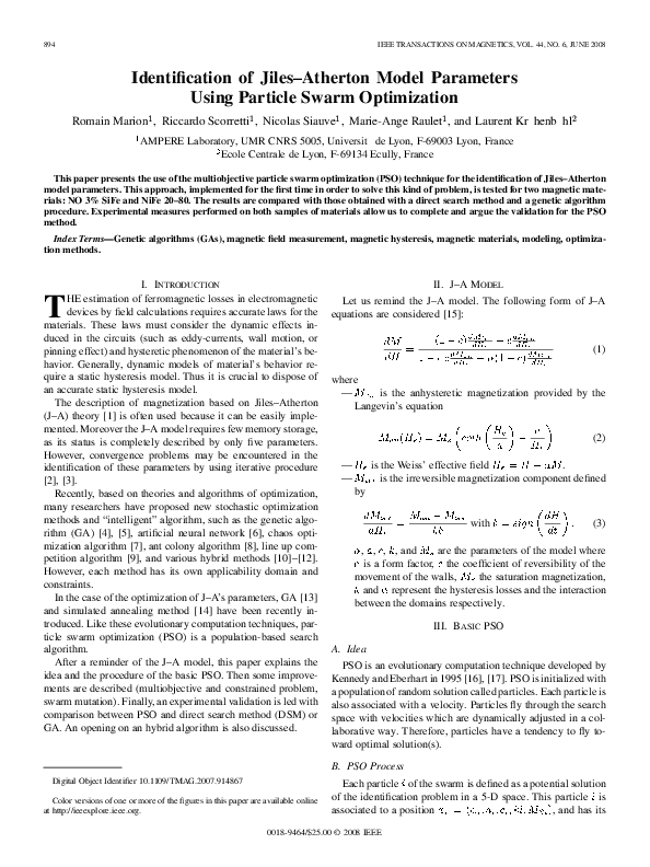 Pdf Identification Of Jilesatherton Model Parameters Using Particle Swarm Optimization