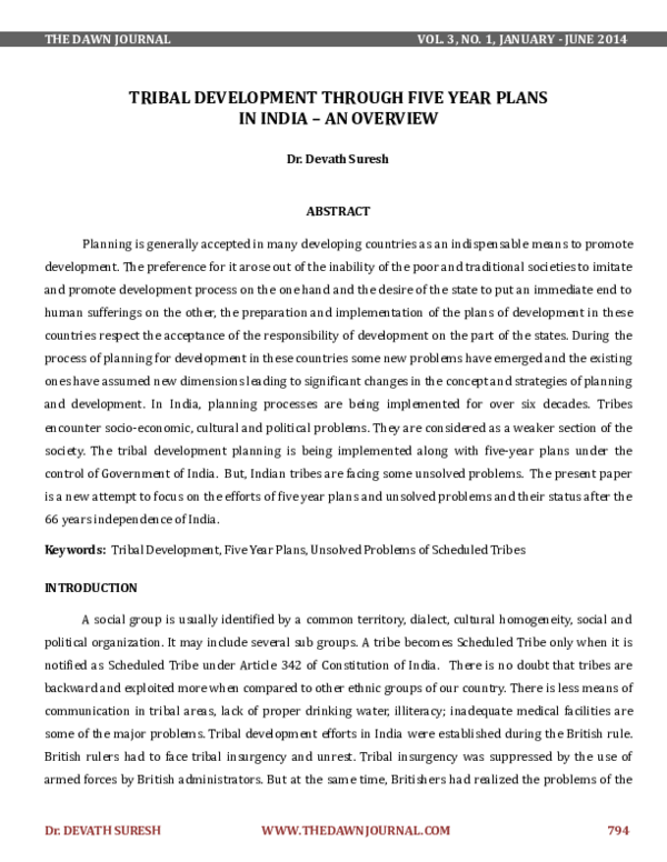 (PDF) TRIBAL DEVELOPMENT THROUGH FIVE YEAR PLANS IN INDIA – AN OVERVIEW